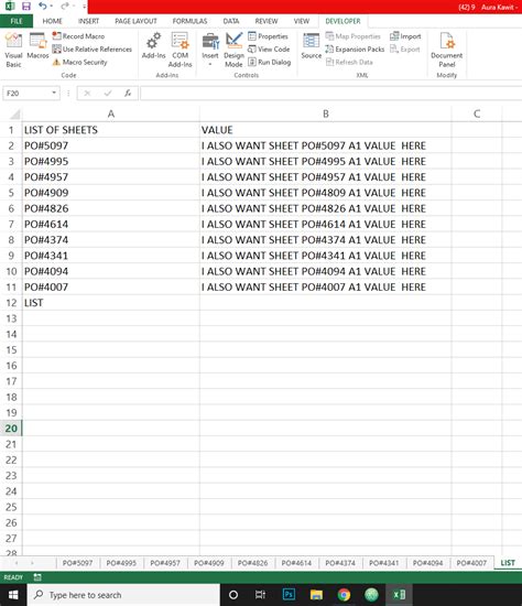 excel how to get all sheets names and its specific cell value using macro vba stack overflow