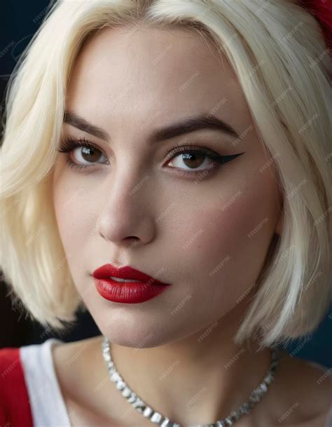 Premium Ai Image Hyperrealistic Art Margotrobbie Harley Quinn Platinum Blonde Hair Looking At