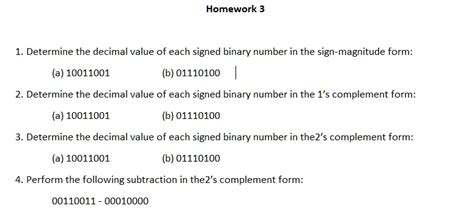 solved homework 3 1 determine the decimal value of each signed binary number in the sign