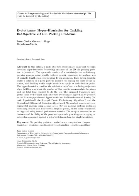 pdf evolutionary hyper heuristics for tackling bi objective 2d bin packing problems juan
