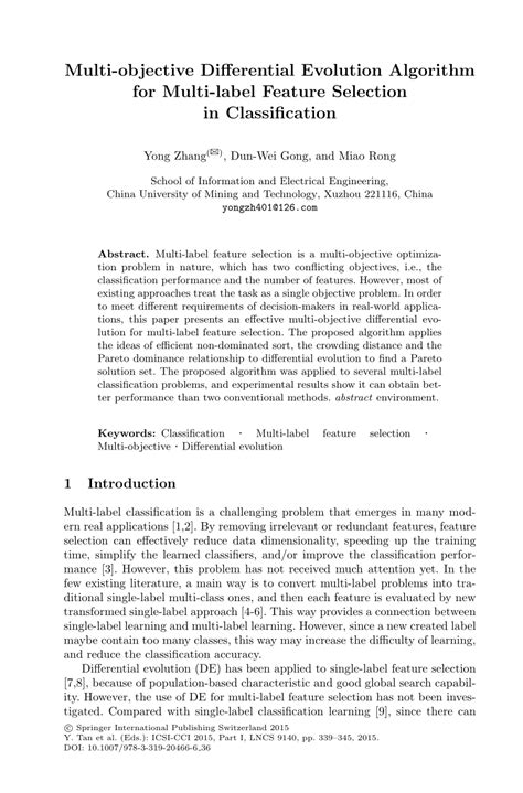 pdf multi objective differential evolution algorithm for multi label feature selection in