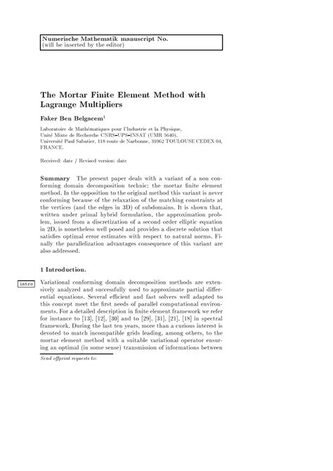 pdf belgacem f b the mortar finite element method with lagrange multipliers numer math