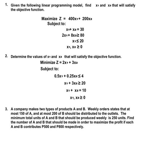 solved 1 given the following linear programming model find