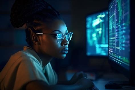 premium photo african american black woman coder programmer using computer for coding screen