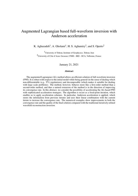 pdf augmented lagrangian based full waveform inversion with anderson acceleration