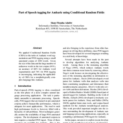 part of speech tagging for amharic using conditional random fields acl anthology
