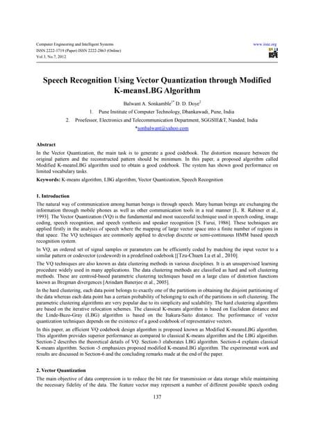 speech recognition using vector quantization through modified k means lbg algorithm pdf
