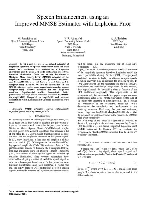 pdf speech enhancement using an improved mmse estimator with laplacian prior masoud