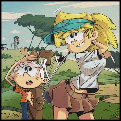 An Image Of A Cartoon Character Playing Golf With Another Person Standing Behind Her And Looking