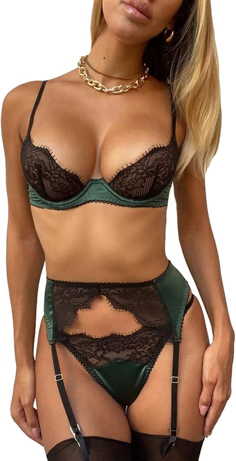 Conjunto De Lencería De Encaje Para Mujer Con Liguero De 3 Piezas Conjunto De Sujetador Y