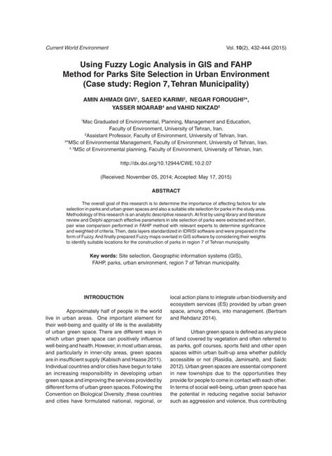 pdf using fuzzy logic analysis in gis and fahp method … · current world environment vol 10 2