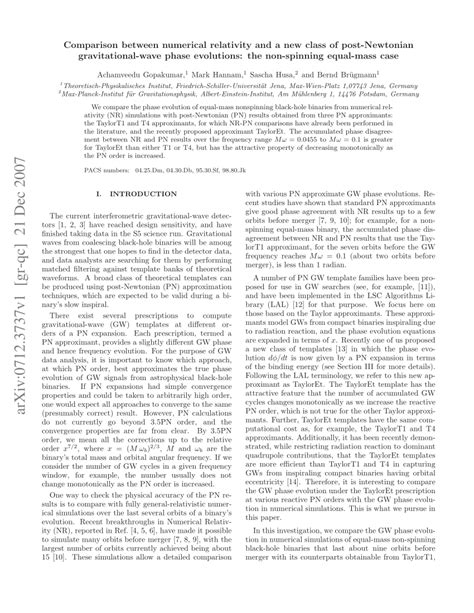 pdf comparison between numerical relativity and a new class of post newtonian gravitational