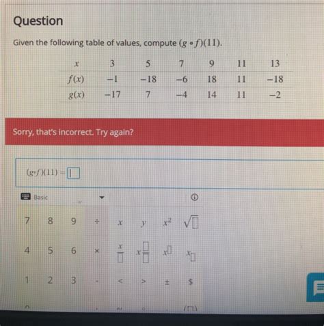 solved question given the following table of values compute