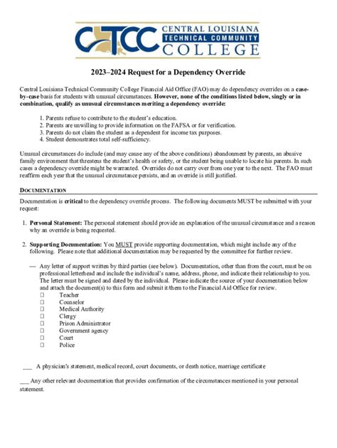 Fillable Online 20232024 Request For A Dependency Override Fax Email