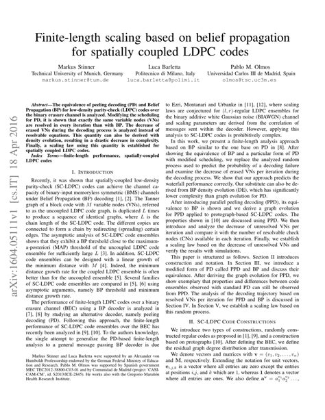 pdf finite length scaling based on belief propagation for spatially coupled ldpc codes