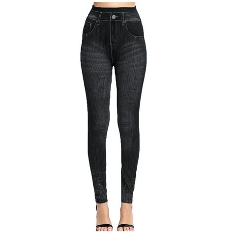 Womens Denim Print Fake Jeans Look Like Leggings Sexy Stretchy High Waist Slim Skinny Jeggings