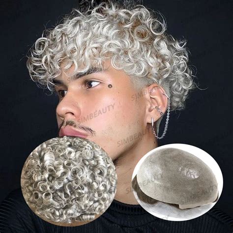 Platinum Blonde Customized 20mm Curly Human Hair Mens Toupee Super Thin 006 008mm Vlooped