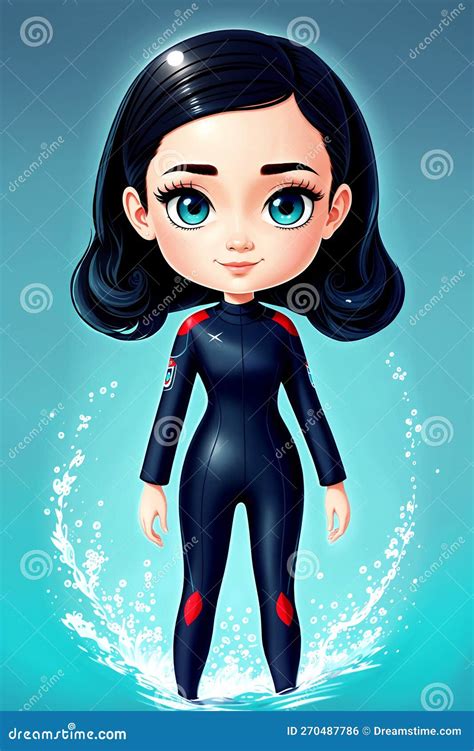 Young Cute Woman In Diving Suit Underwater Scene Humor Caricature Cartoon Illiustration Ai
