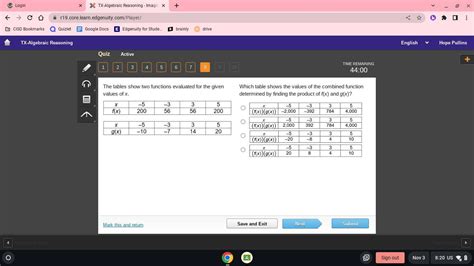 hurry its timed pls the tables show two functions evaluated for the given values of x which