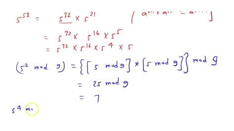 solved use the algorithm for fast modular exponentiation to compute 553 mod 9
