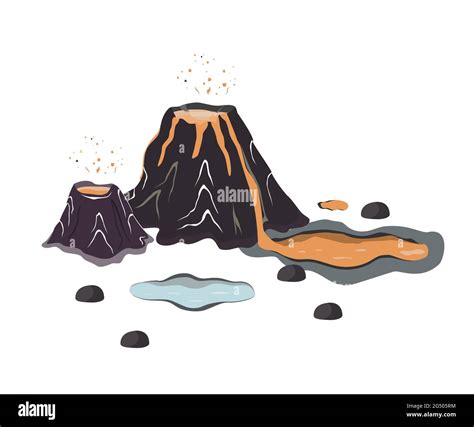 Volcano Eruption With Hot Lava Cartoon Jurassic Landscape Design Elements Vector Illustration