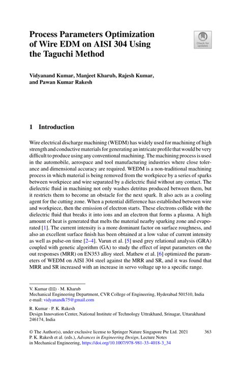 pdf process parameters optimization of wire edm on aisi 304 using the taguchi method