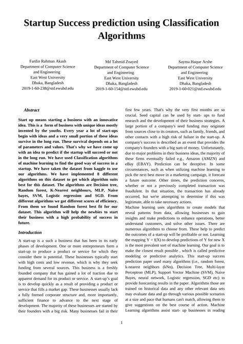 pdf startup success prediction using classification algorithms