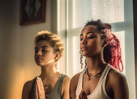 Premium Ai Image Lovely Lesbian Couple Having A Good Time Practicing Mindfulness Meditation