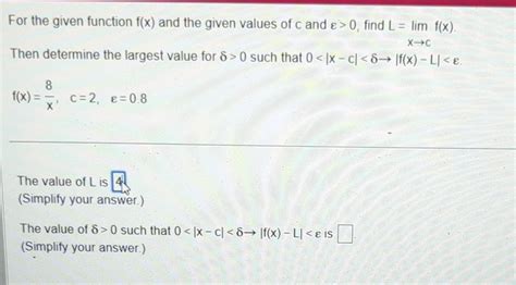solved for the given function f x and the given values of c