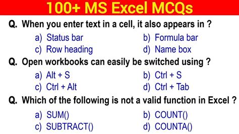 100 ms excel mcq questions and answers