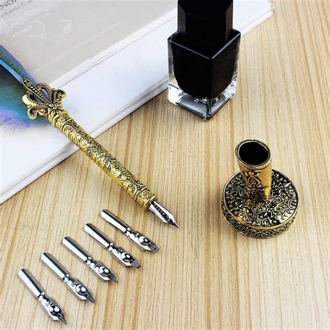Feather Quill Pen And Ink Set Calligraphy Dip Pen Set With Inkwell And Stand Quill Pen Set