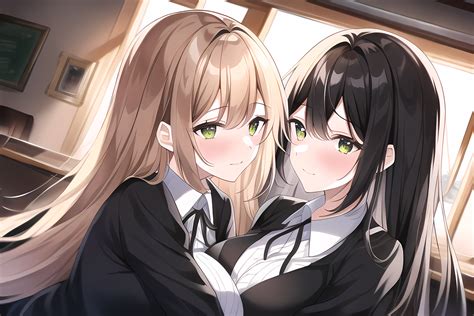 Brunette Long Hair Two Women Twins Big Boobs Original Characters Schoolgirl Looking At