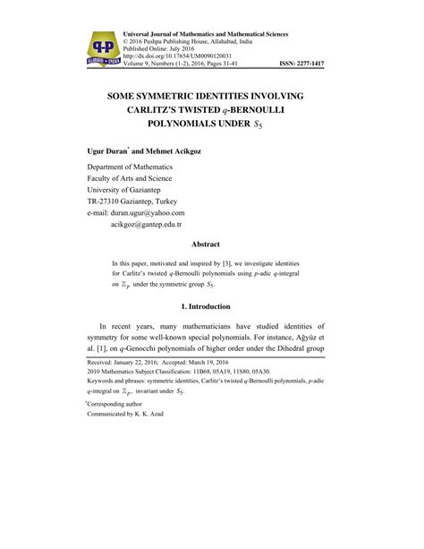 pdf some symmetric identities involving carlitz s twisted q bernoulli polynomials under s 5