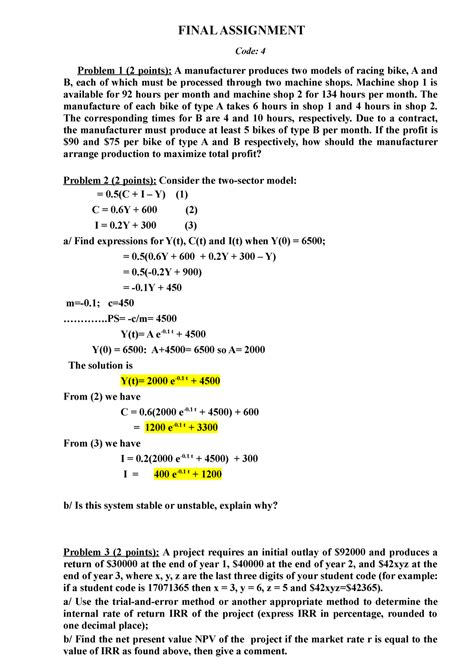 final assignment mat1092 code 4 final assignment code 4 problem 1 2 points a manufacturer