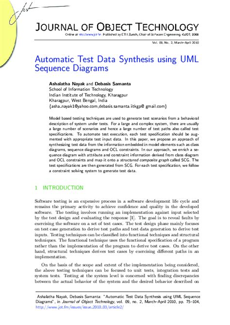 pdf automatic test data synthesis using uml sequence diagrams ashalatha nayak