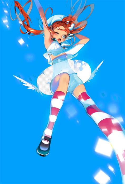 Safebooru 1girl Arms Up Blue Eyes Falling Hat Long Hair One Eye Closed Open Mouth Original