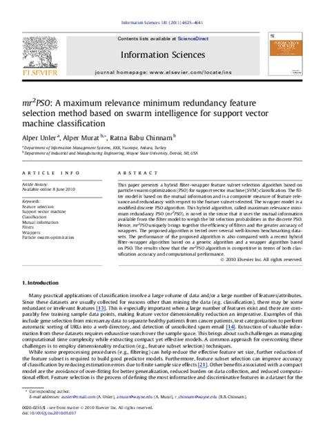 pdf mr2 pso a maximum relevance minimum redundancy feature selection method based on swarm