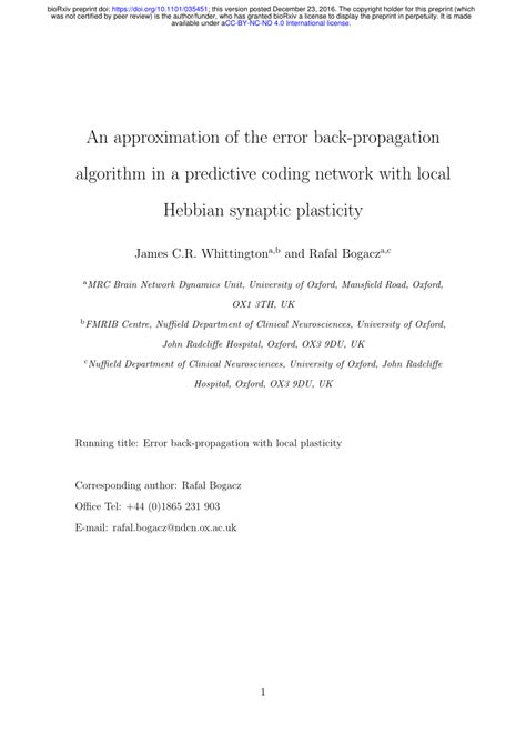 pdf an approximation of the error back propagation algorithm in a predictive coding network