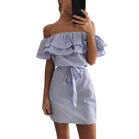Sexy Off Shoulder Dress Women Beach Strapless Striped Print Ruffles Tunic Sundresses Summer Mini
