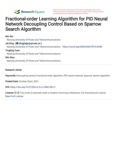 pdf fractional order learning algorithm for pid neural network decoupling control based on