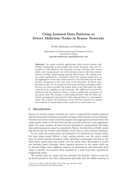 pdf using learned data patterns to detect malicious nodes in sensor networks