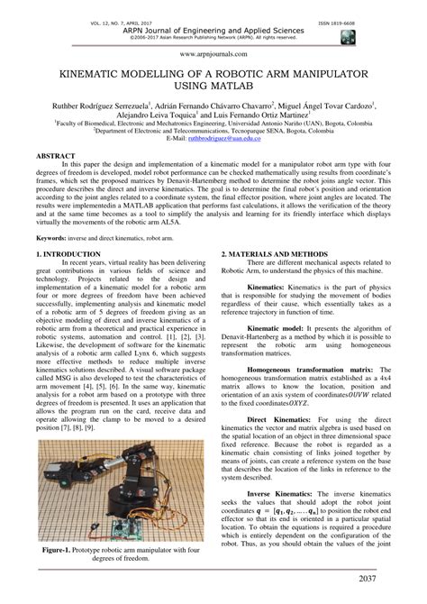 pdf kinematic modelling of a robotic arm manipulator using matlab