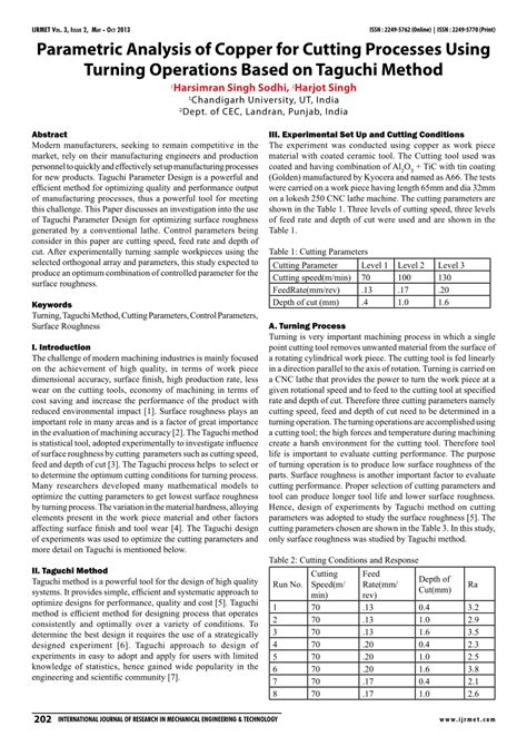 pdf parametric analysis of copper for cutting processes using turning operations based on