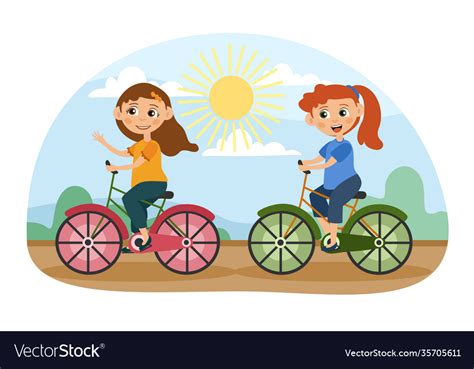 Two Young Girls Riding Bicycles In Park Royalty Free Vector
