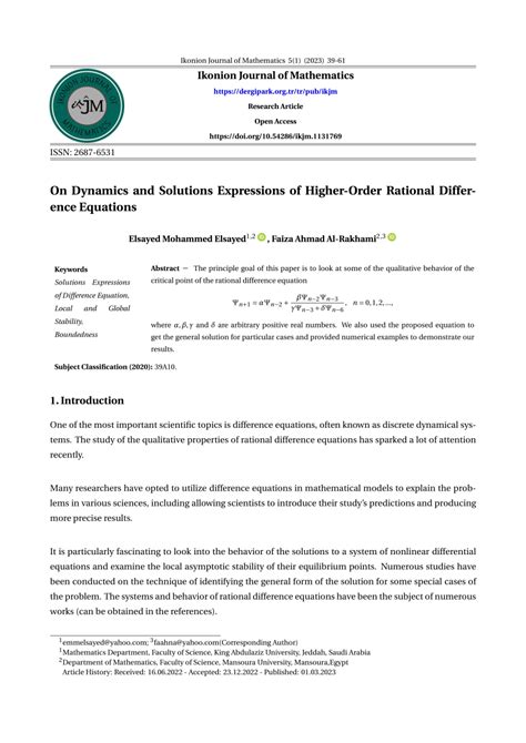 pdf on dynamics and solutions expressions of higher order rational difference equations