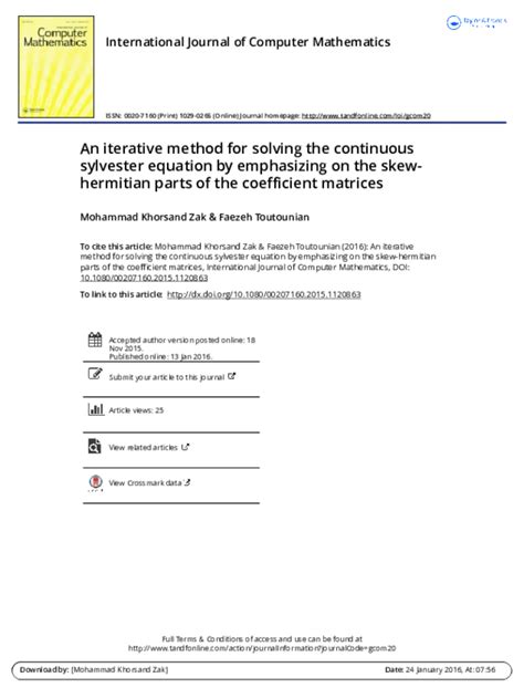 pdf an iterative method for solving the continuous sylvester equation by emphasizing on the