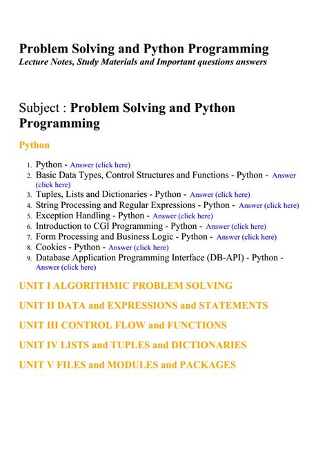 Problem Solving And Python Programming Lecture Notes Study Materials