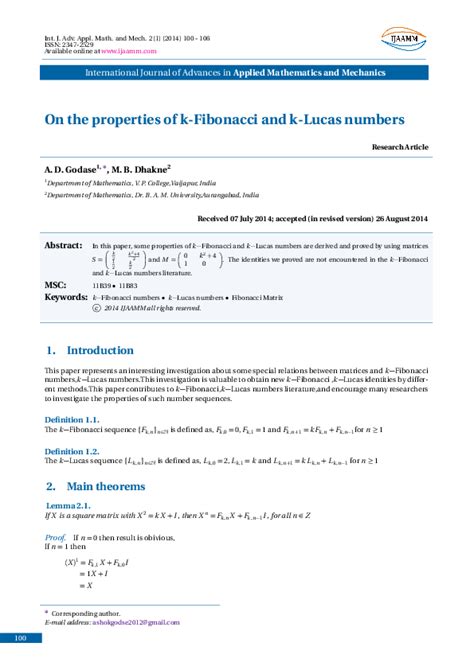 pdf on the properties of k fibonacci and k lucas numbers m dhakne and ashok d godase