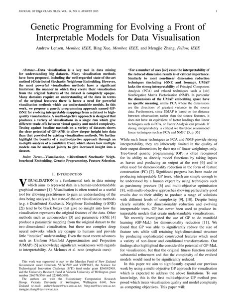 pdf genetic programming for evolving a front of interpretable models for data visualization