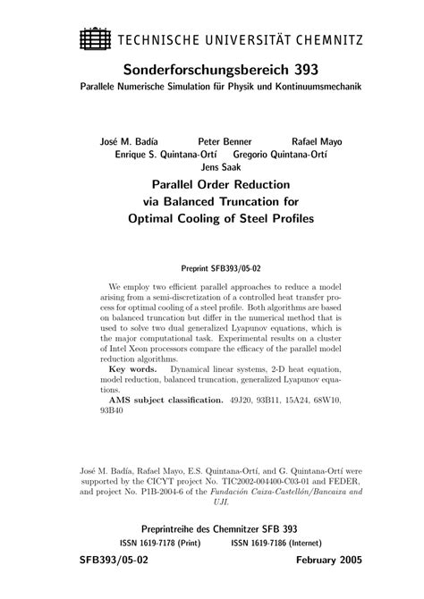pdf parallel order reduction via balanced truncation for optimal cooling of steel profiles